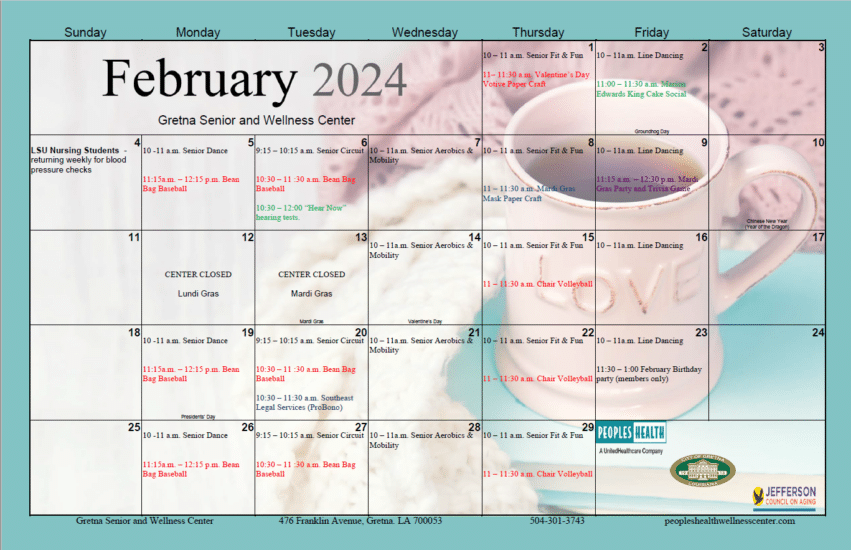 Senior Center Calendar for February 2024 - City Of Gretna - City Of Gretna