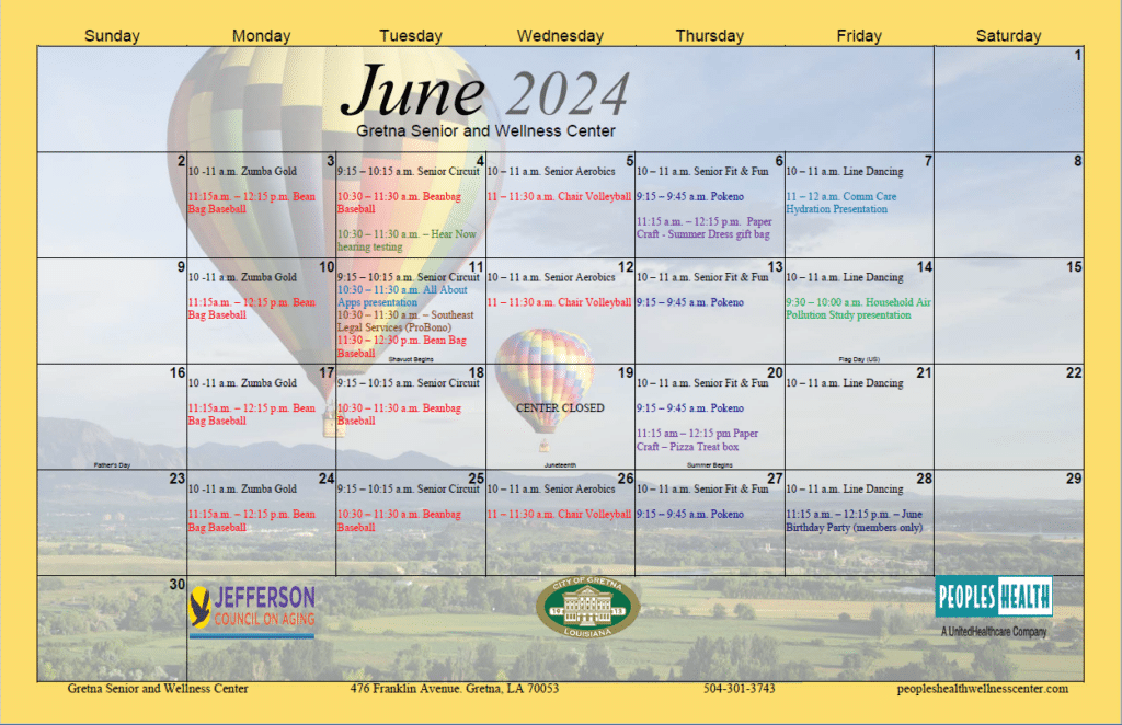 Gretna Senior Center Calendar for June 2024 - City Of Gretna - City Of ...