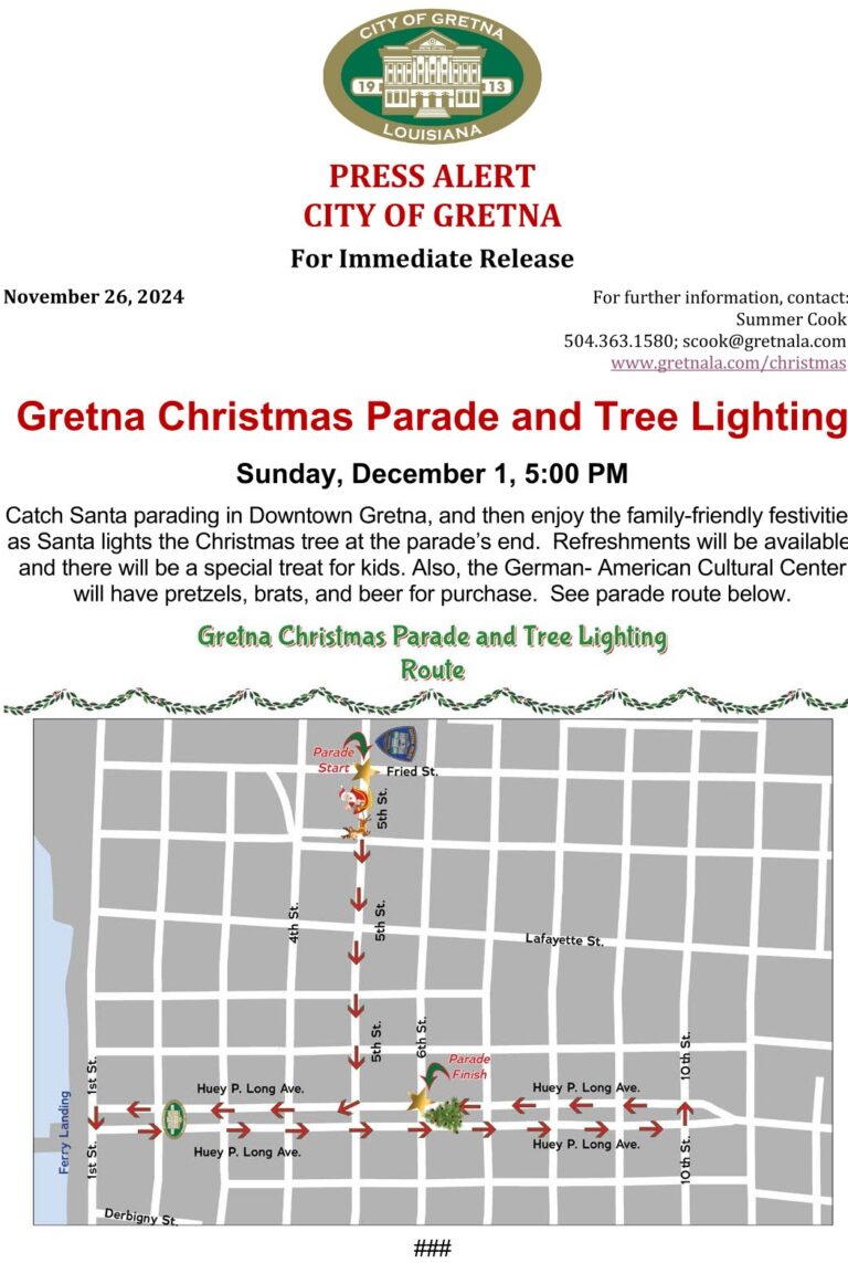 Press Release- Gretna Christmas Parade And Tree Lighting Route - City ...