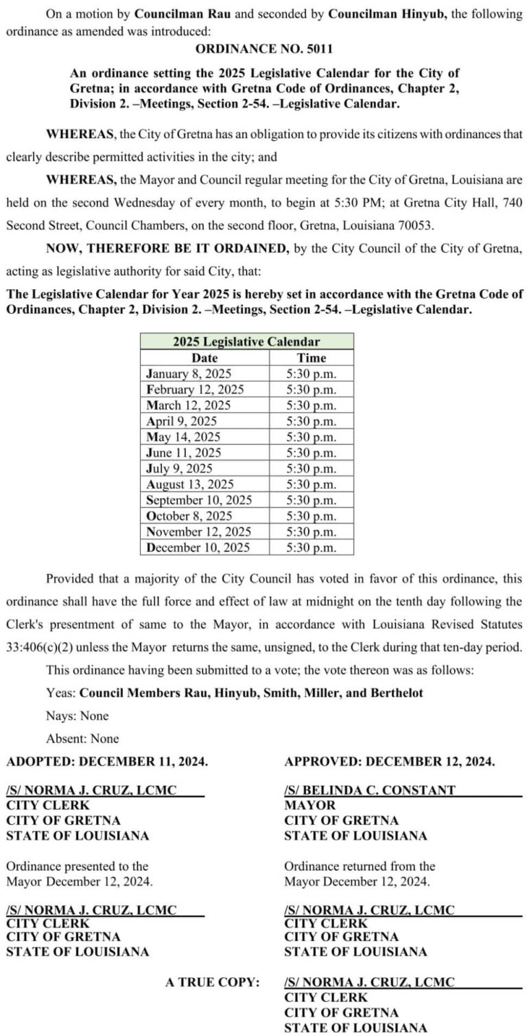 Ordinance Setting the 2025 Legislative Calendar for the City of Gretna ...