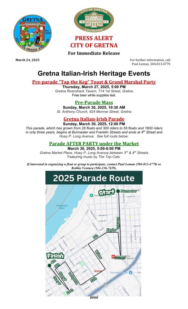 Gretna’s Italian Irish Parade and Events UPDATE - City Of Gretna - City ...