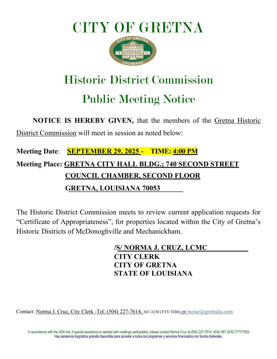 City of Gretna Historic District Commission Notice of Public Meeting ...