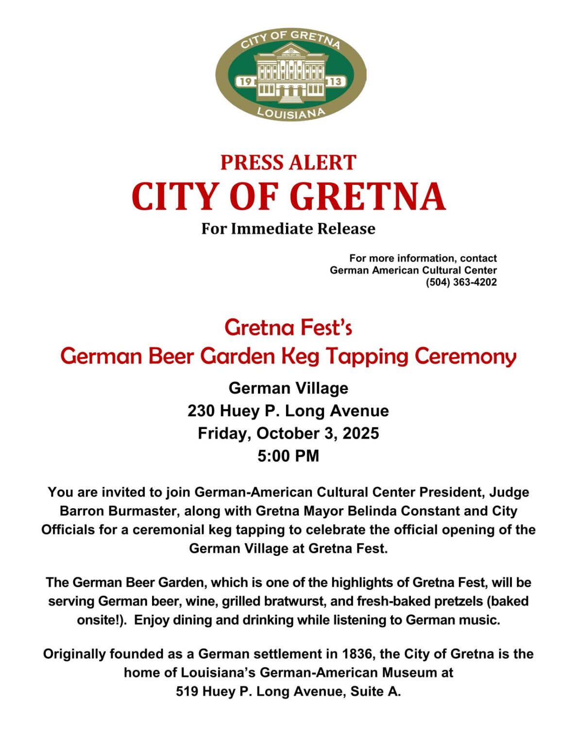 PRESS ALERT: Gretna Fest’s German Beer Garden Keg Tapping Ceremony 10/3 ...