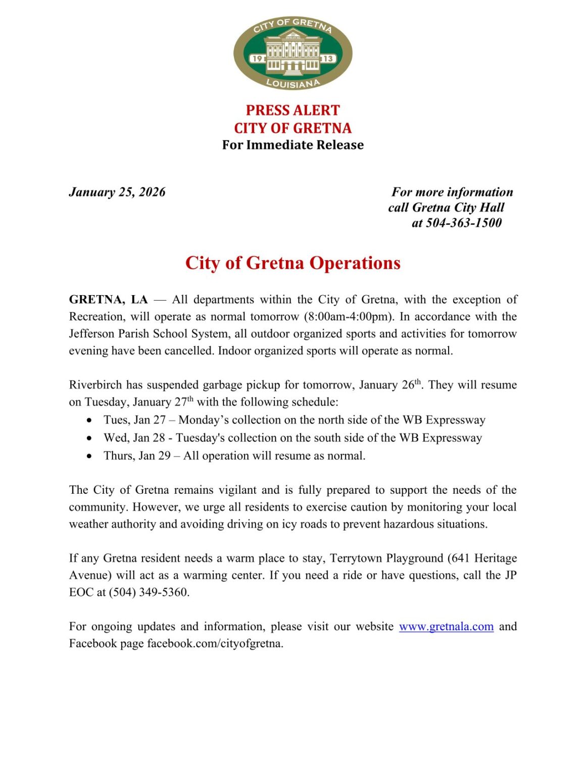 PRESS RELEASE: January 26th Gretna City Operations - City Of Gretna ...