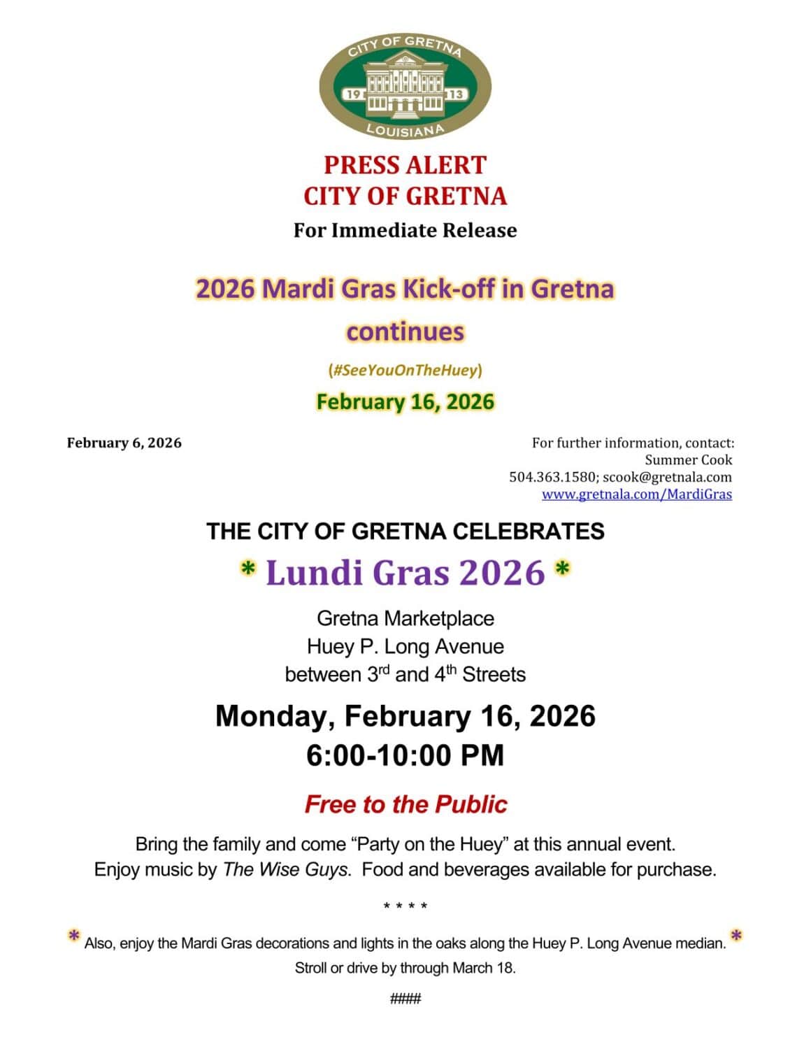 PRESS RELEASE: THE CITY OF GRETNA CELEBRATES LUNDI GRAS 2026- February ...