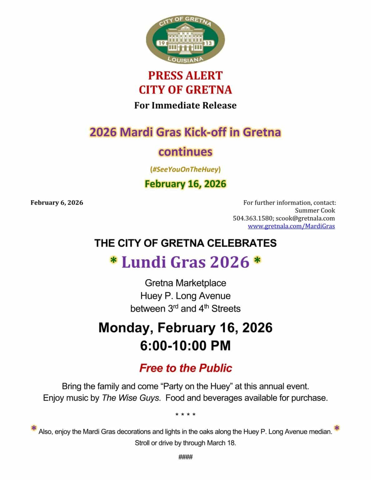 PRESS RELEASE: THE CITY OF GRETNA CELEBRATES LUNDI GRAS 2026- February ...