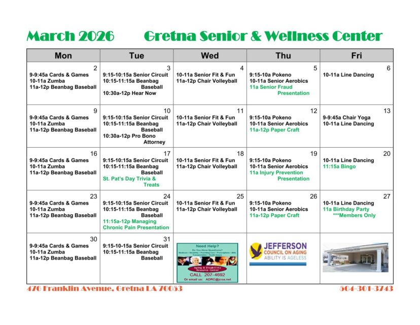 March 2026 Gretna Senior and Wellness Calendar - City Of Gretna - City ...
